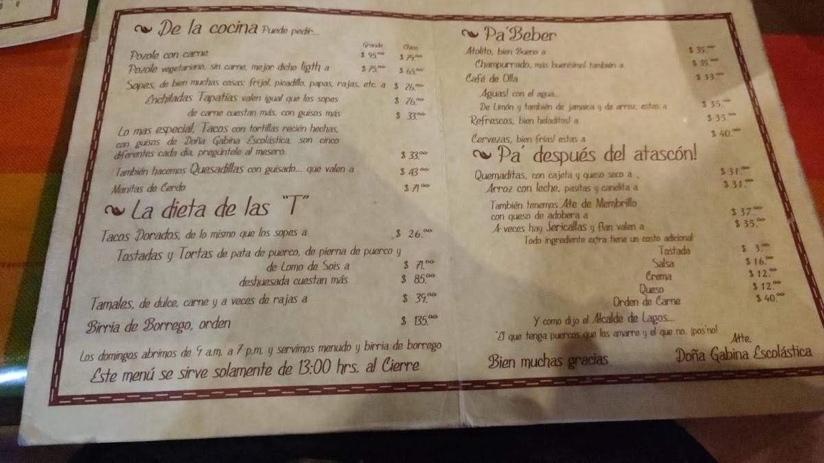 Menu at Fonda Doña Gabina Escolástica restaurant, Zapopan, Javier Mina 237