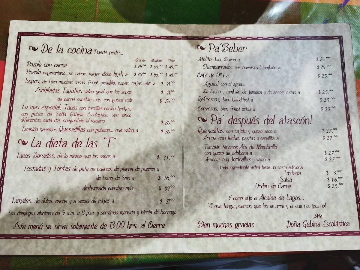 Menu at Fonda Doña Gabina Escolástica restaurant, Zapopan, Javier Mina 237