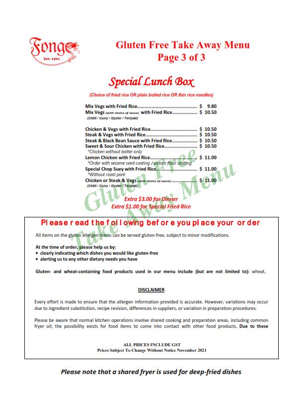 Menu at Fong's Chinese Restaurant, Bentleigh East