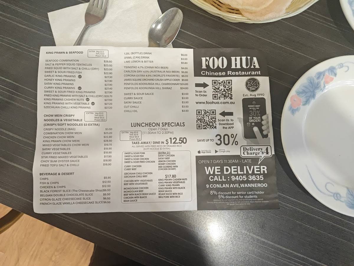 Menu at Foo Hua restaurant, Wanneroo