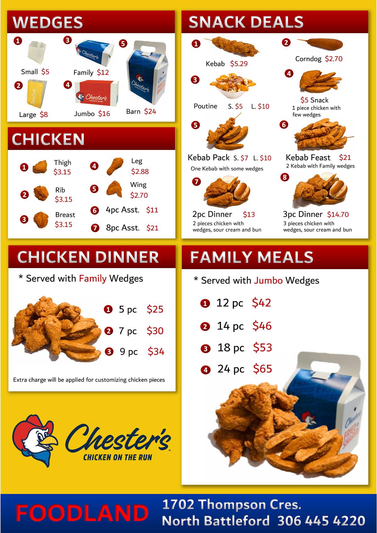 Menu at Foodland Fried Chicken restaurant, North Battleford