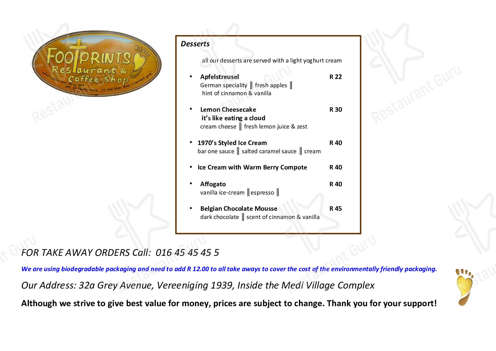 Menu at Footprints Restaurant and Coffee Shop, Vereeniging