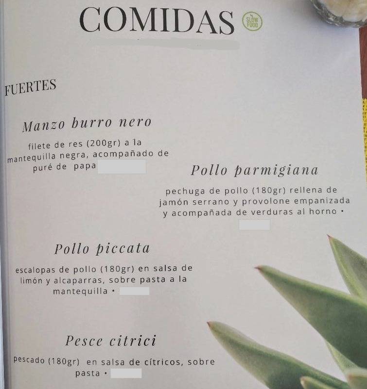 Menu at Formaggio Trattoria restaurant, Cuernavaca