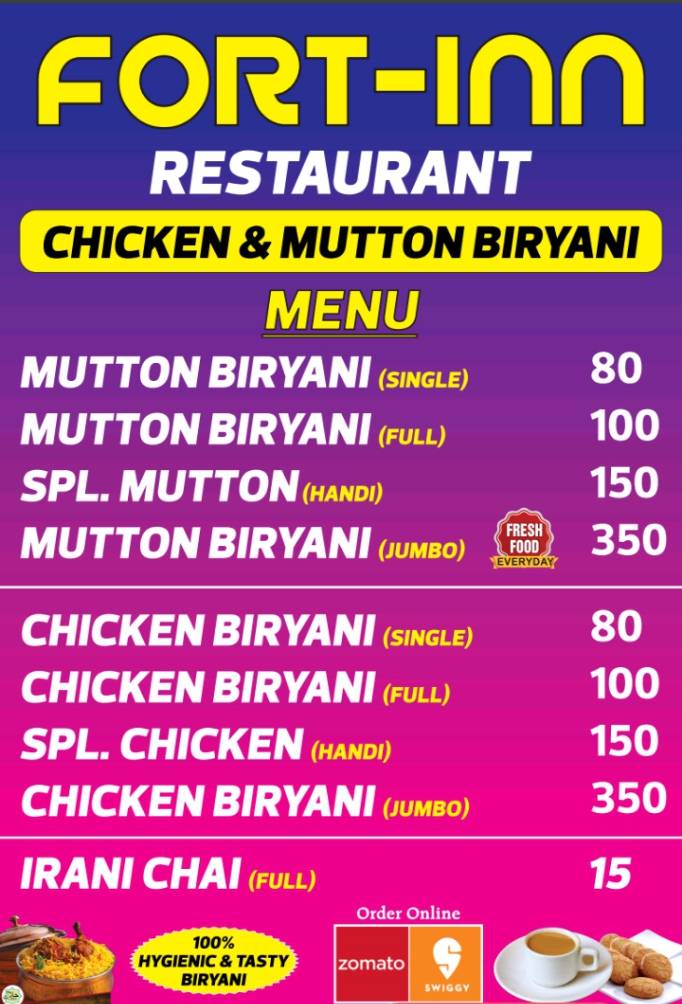 Menu at Fort Inn Restaurant, Hyderabad