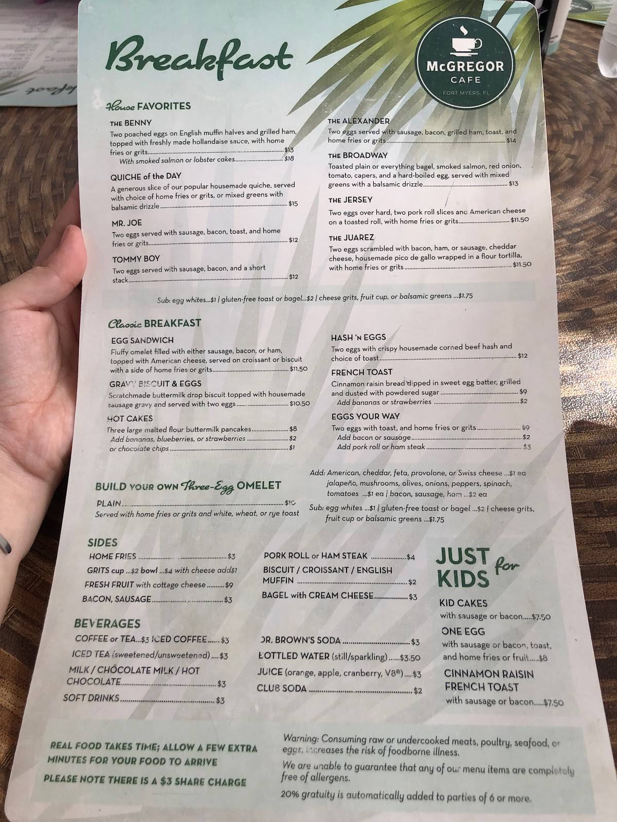 Menu at McGregor Cafe, Fort Myers, McGregor Blvd