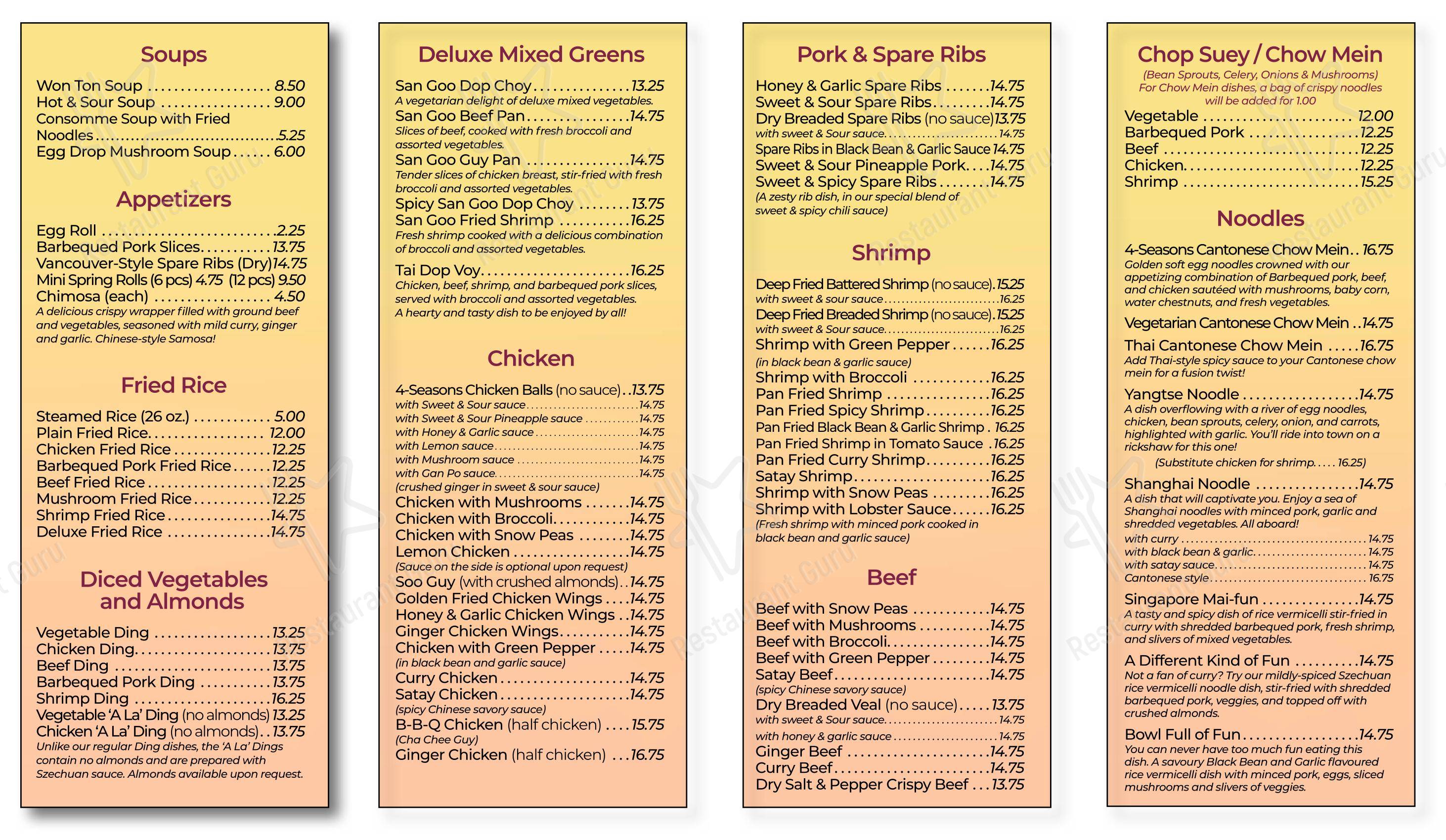 Menu at Four Seasons Chinese Food restaurant, Winnipeg