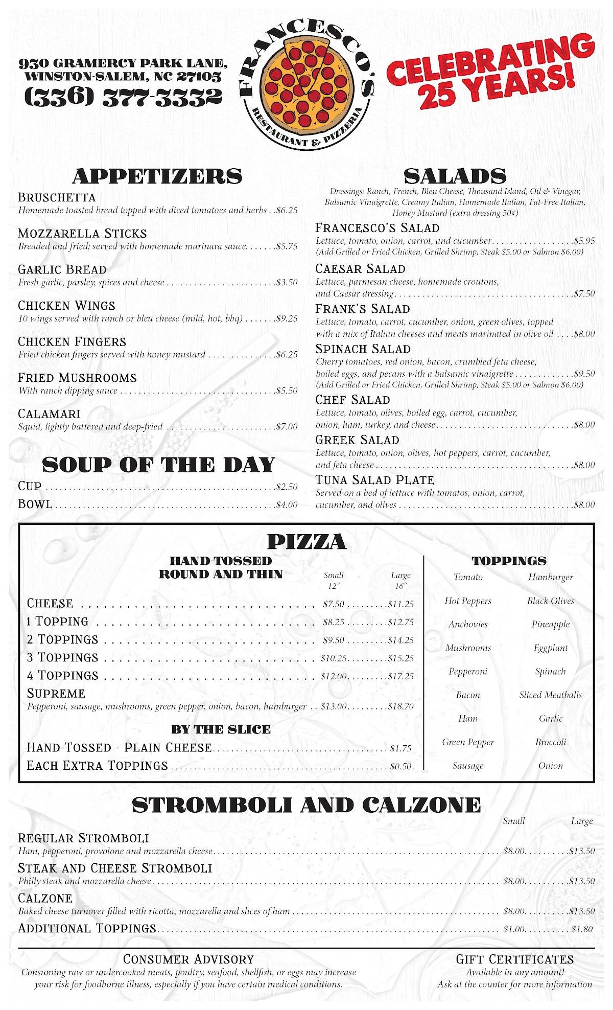 Menu at Francesco's Pizza Italian pizzeria, Winston-Salem, 930 Gramercy ...