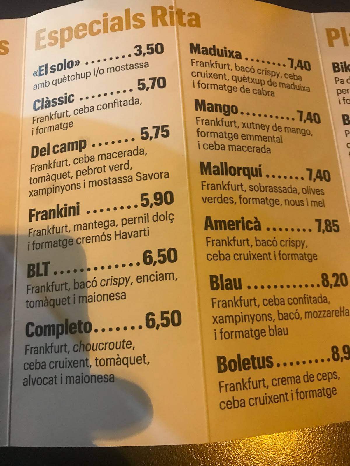 Menu at Frankfurt Rita restaurant, Barcelona, C. de Pujades