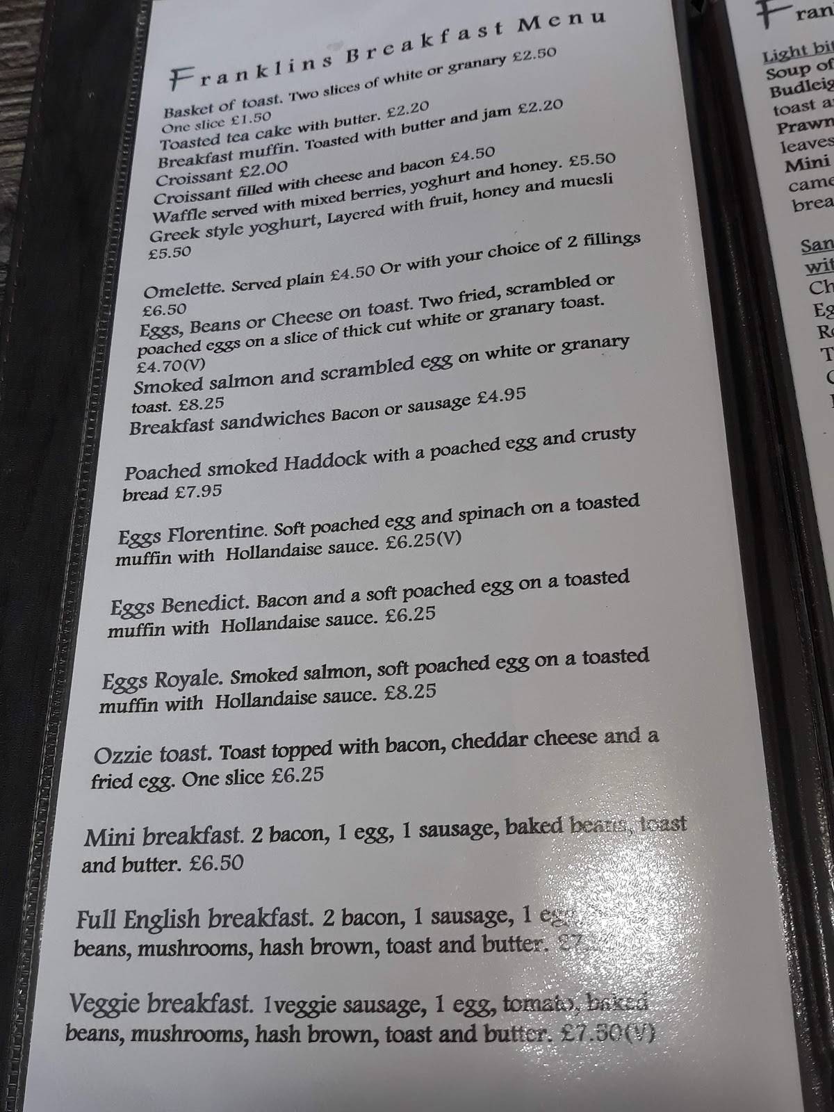 Menu at Franklins cafe, Exmouth, Strand