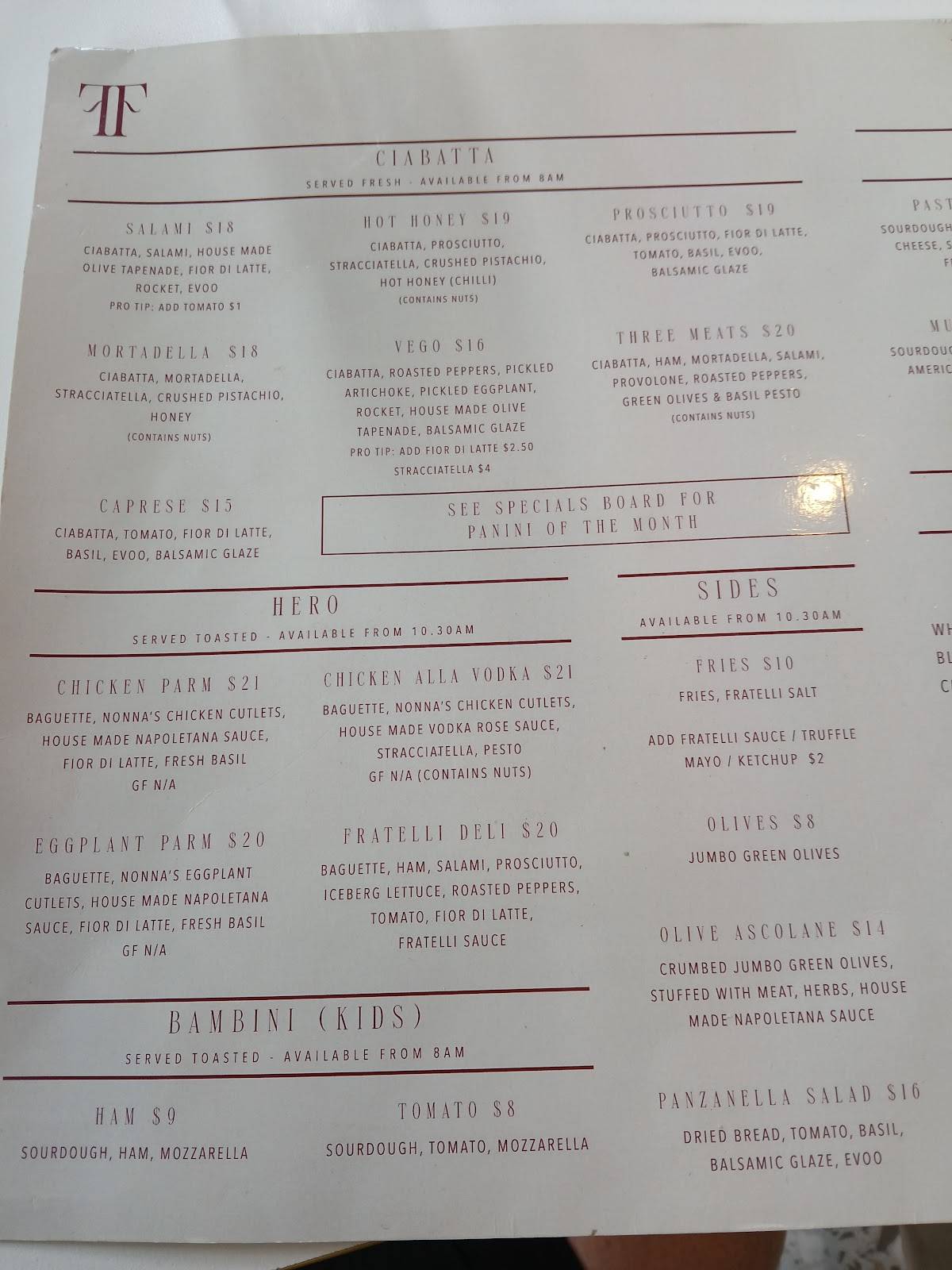 Menu at Fratelli Italian Deli restaurant, Prospect