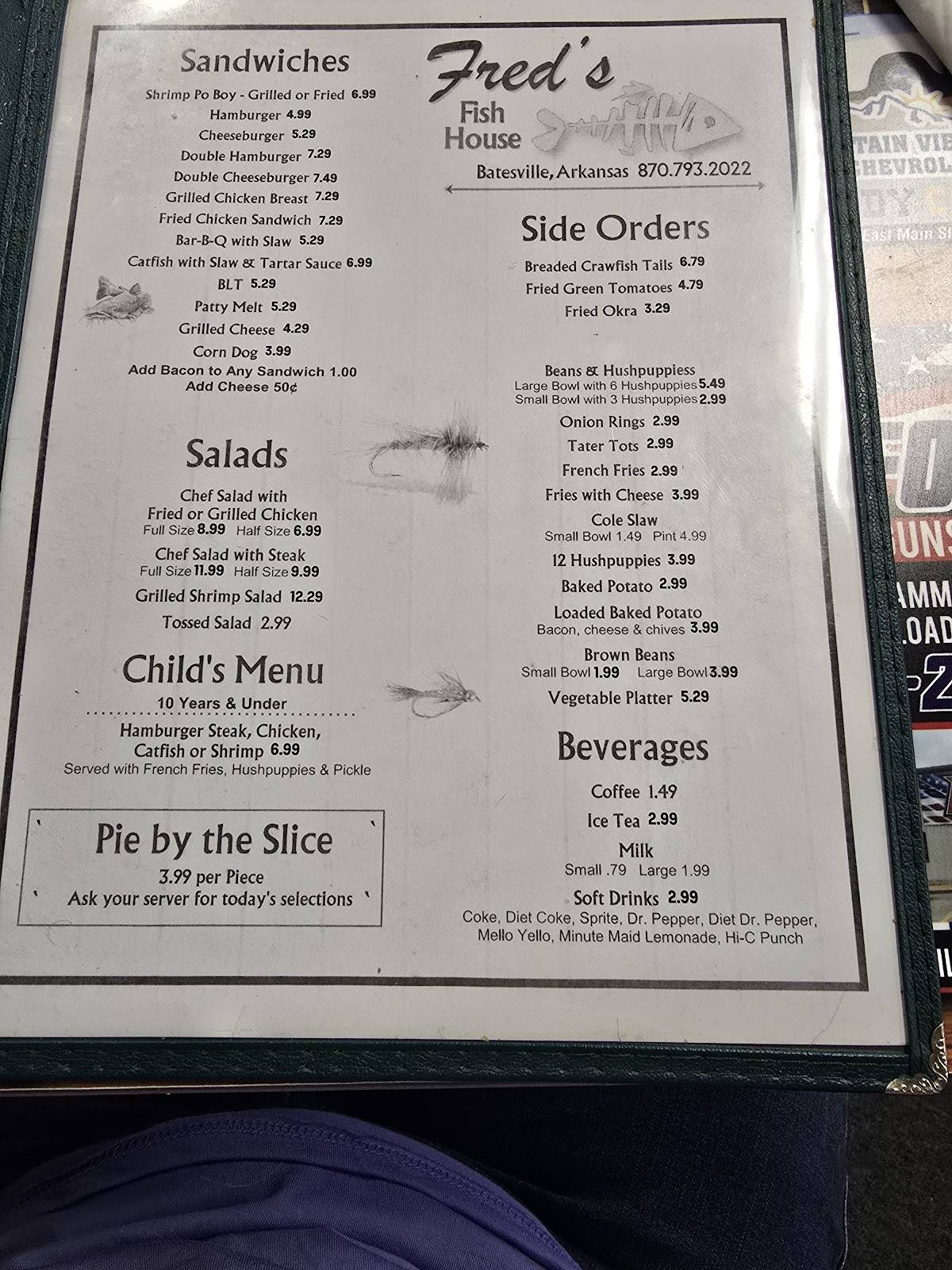 Menu at Fred's Fish House restaurant, Batesville