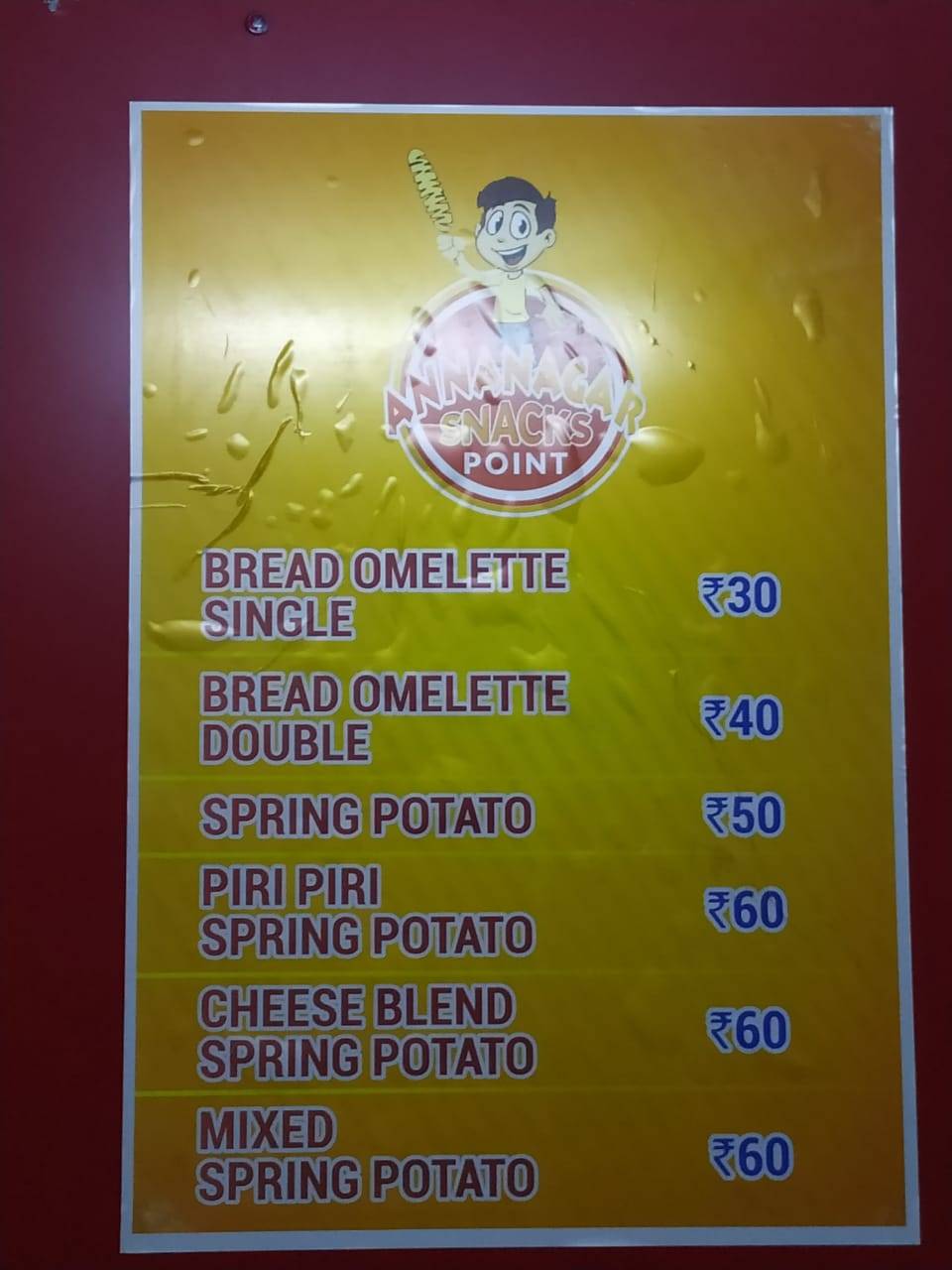 Menu at French fries shop, Chennai