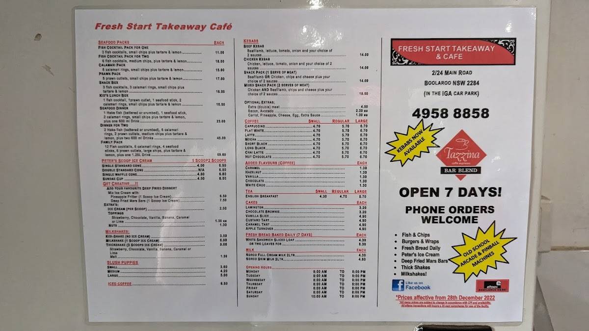 Menu at Fresh Start Takeaway restaurant, Boolaroo