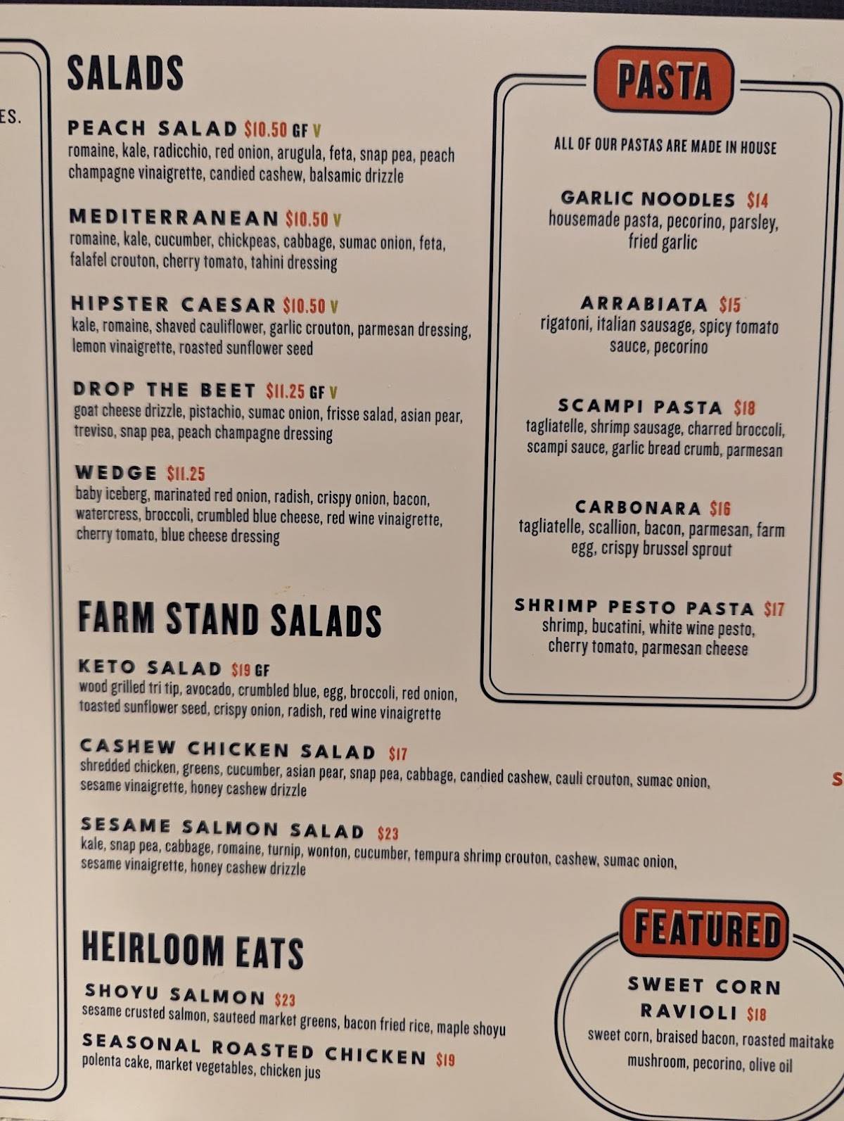 Menu at Heirloom restaurant, Fresno