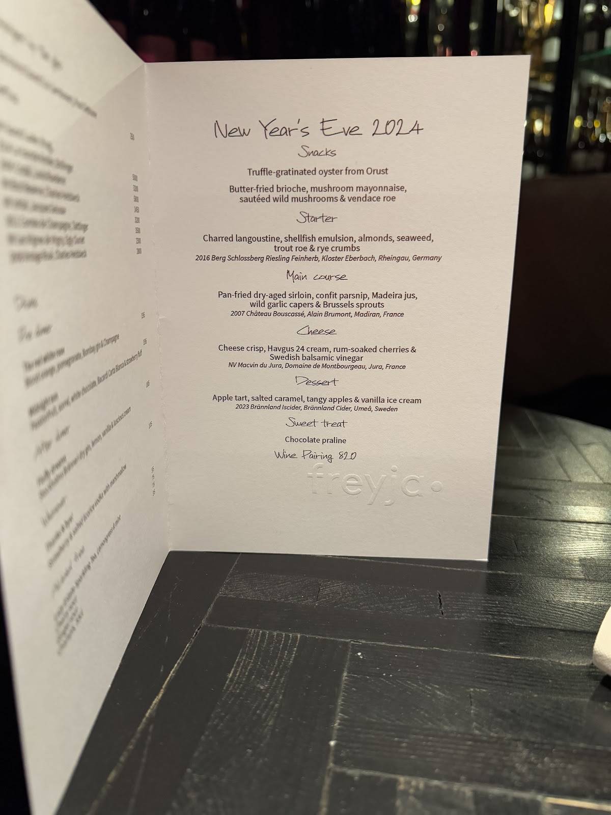 Menu at Freyja + Söder restaurant, Stockholm