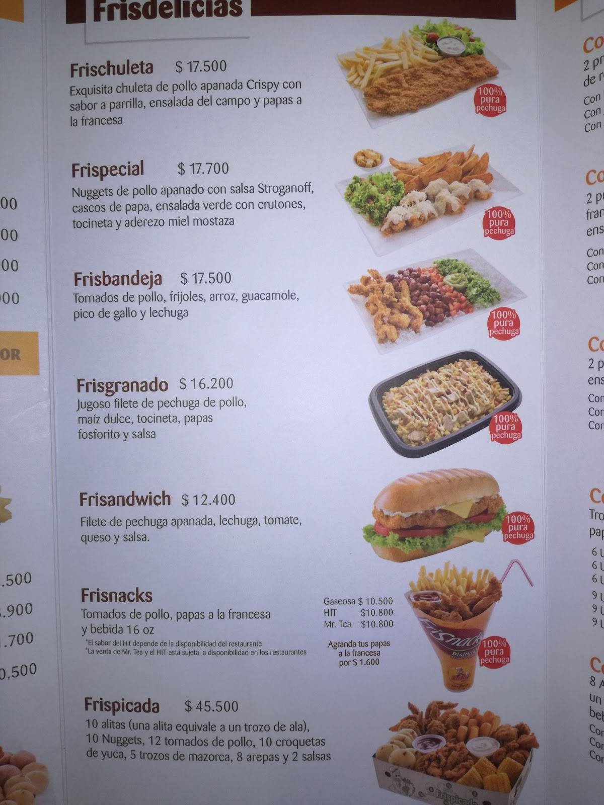 Carta del restaurante Frisby Terminal del Carga El Dorado, Bogotá
