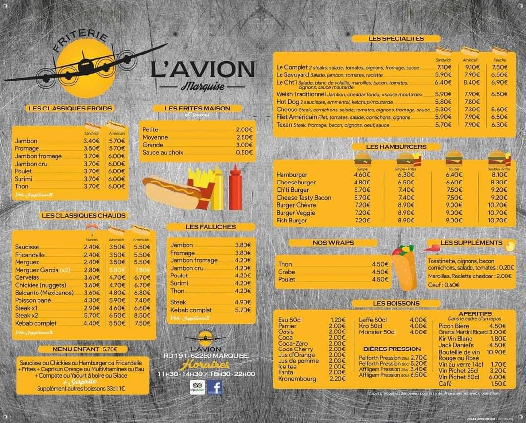 Menu au Friterie l'avion restaurant, Marquise