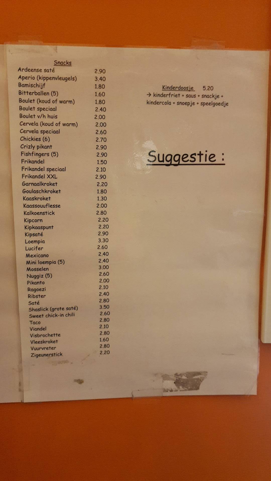 Menu at Frituur 168°, Vilvoorde