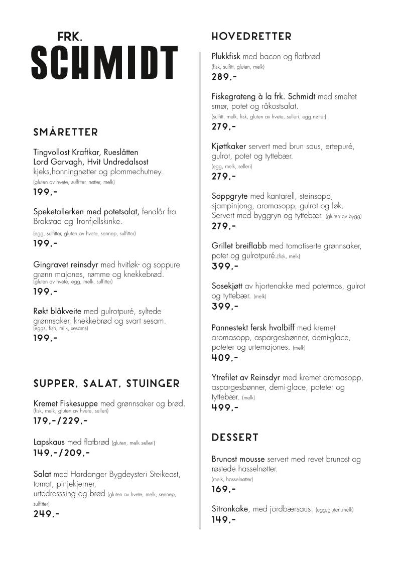 Menu at Frk. Schmidt restaurant, Bergen