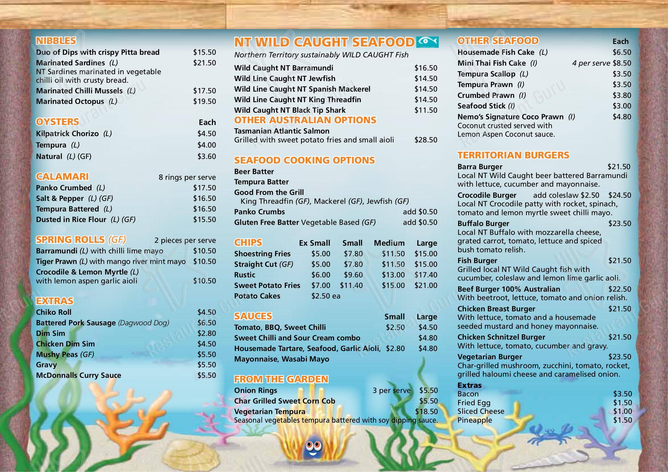 Menu at Frying Nemo restaurant, Stuart Park