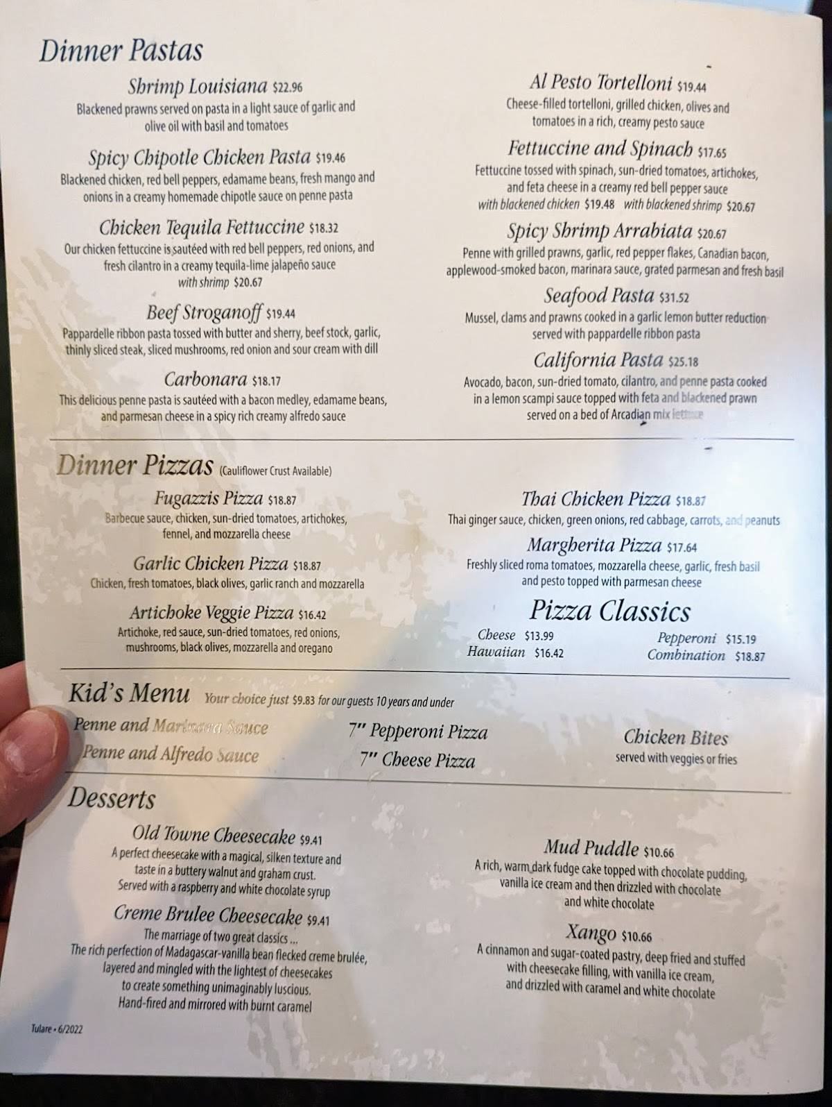 Menu at Fugazzis restaurant, Tulare, E Prosperity Ave