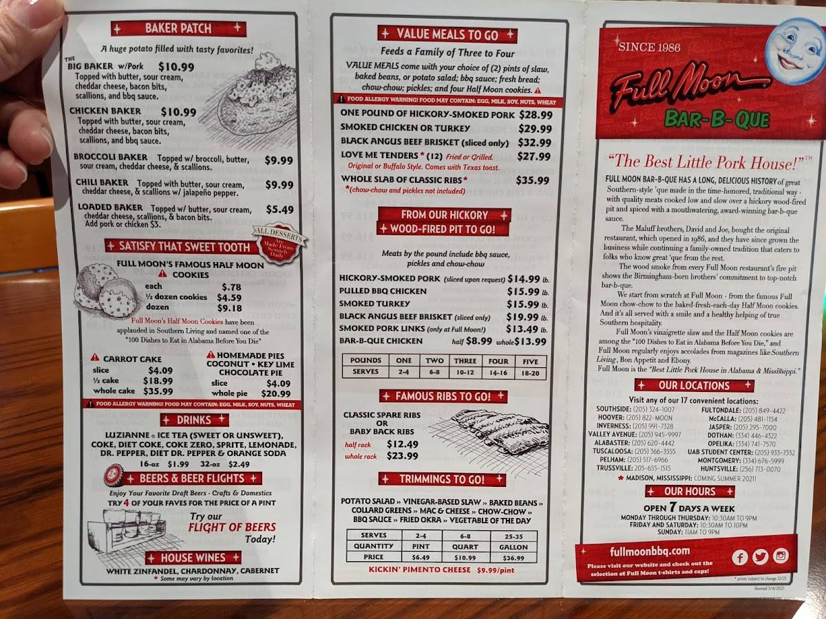 Menu at Full Moon BBQ, Huntsville