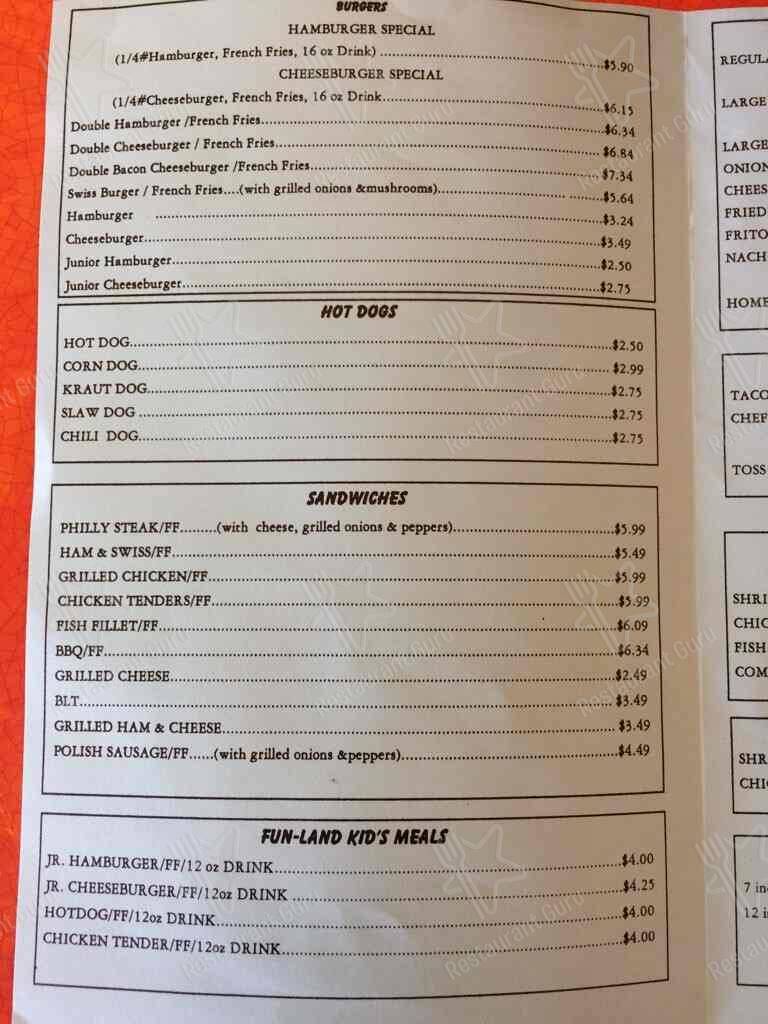 Menu at Funland Arcade pizzeria, Panama City Beach