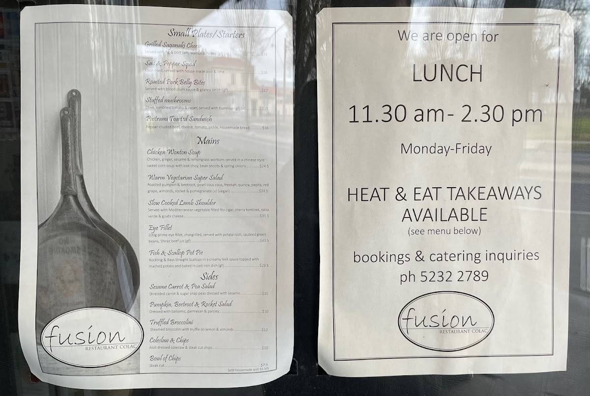 Menu at Fusion restaurant, Colac