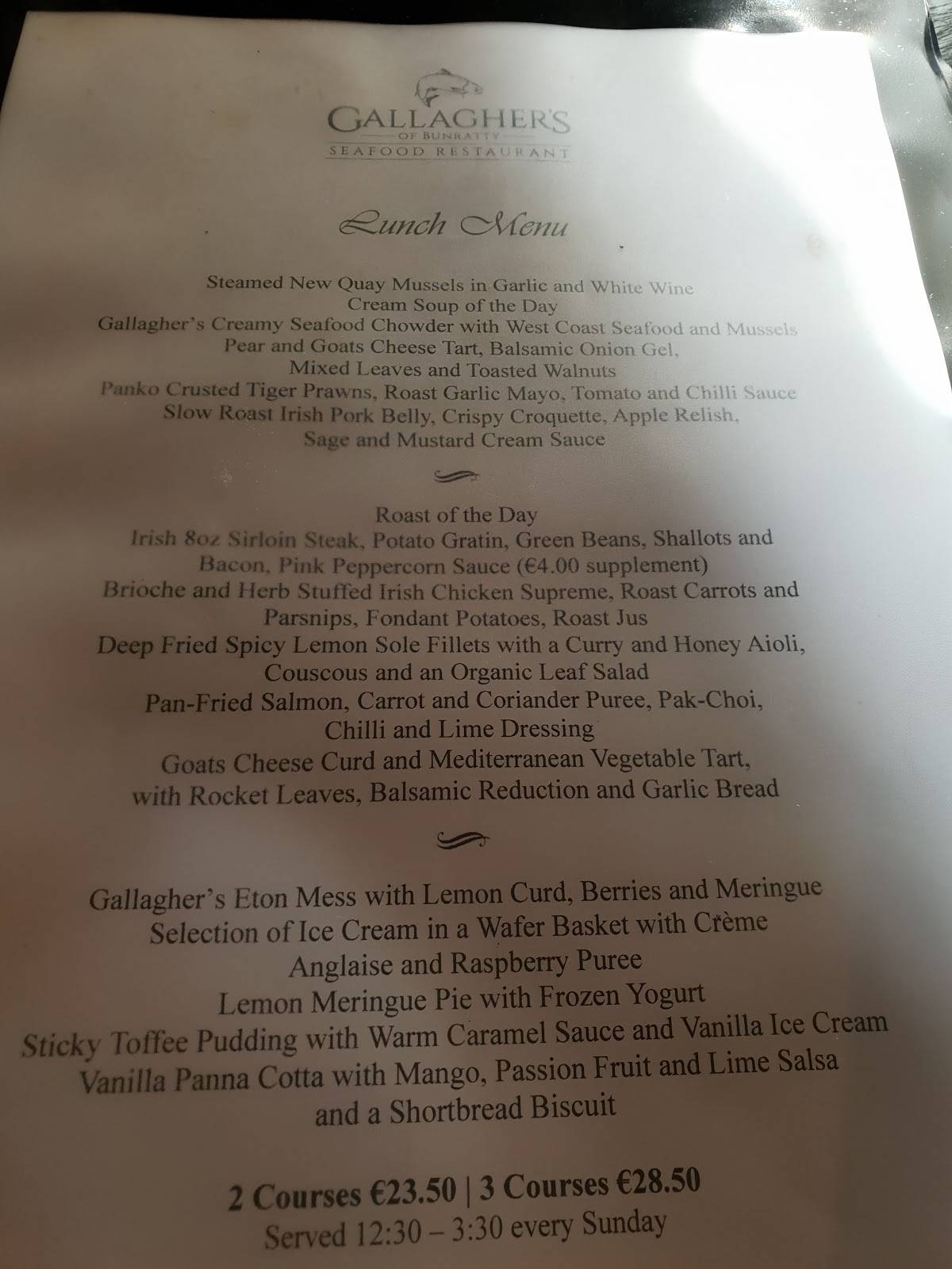 Menu at Gallagher's of Bunratty restaurant, Bunratty