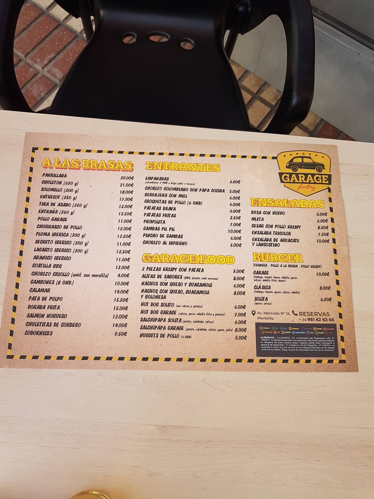 Carta del restaurante Garage Factory, Marbella