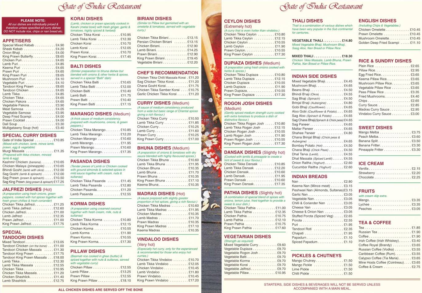 Menu at Gate Of India Restaurant, Chester