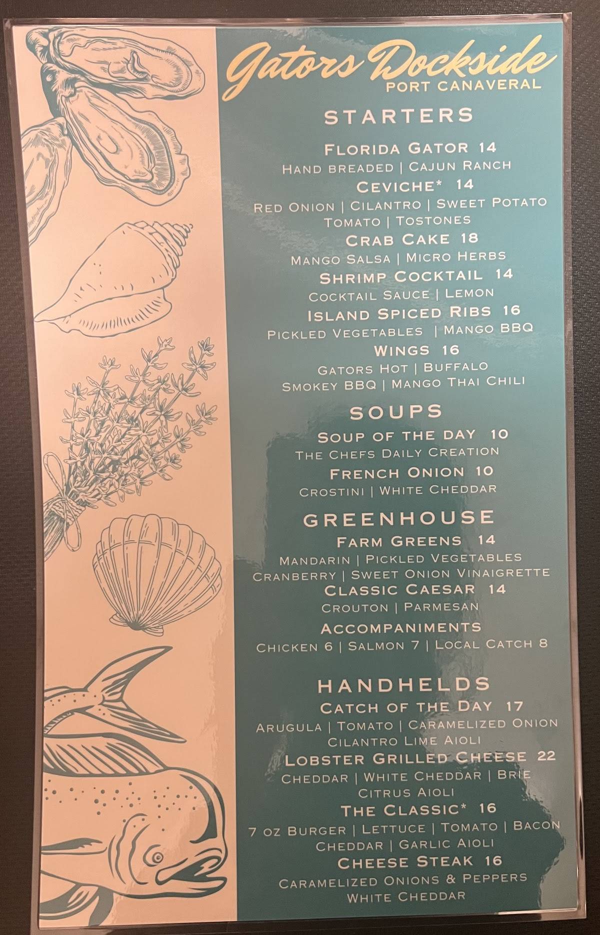 Menu at Gator's Portside Port Canaveral restaurant, Port Canaveral