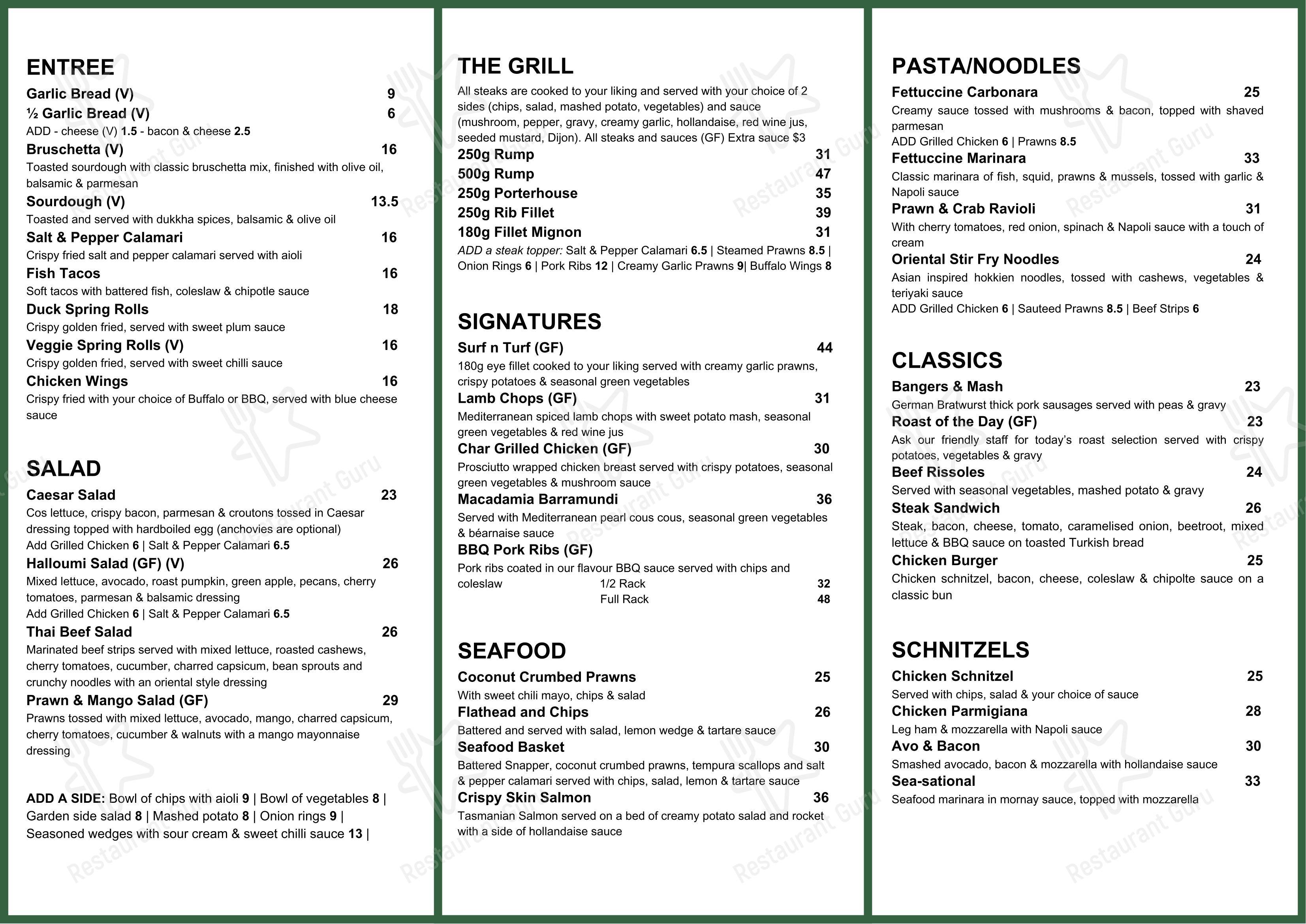 Menu at Gaythorne RSL restaurant, Mitchelton