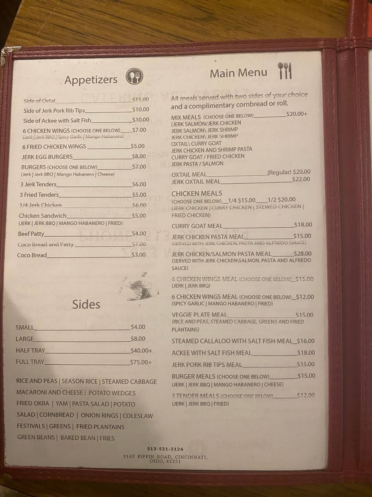 Menu at Gee's Caribbean Style restaurant, Cincinnati