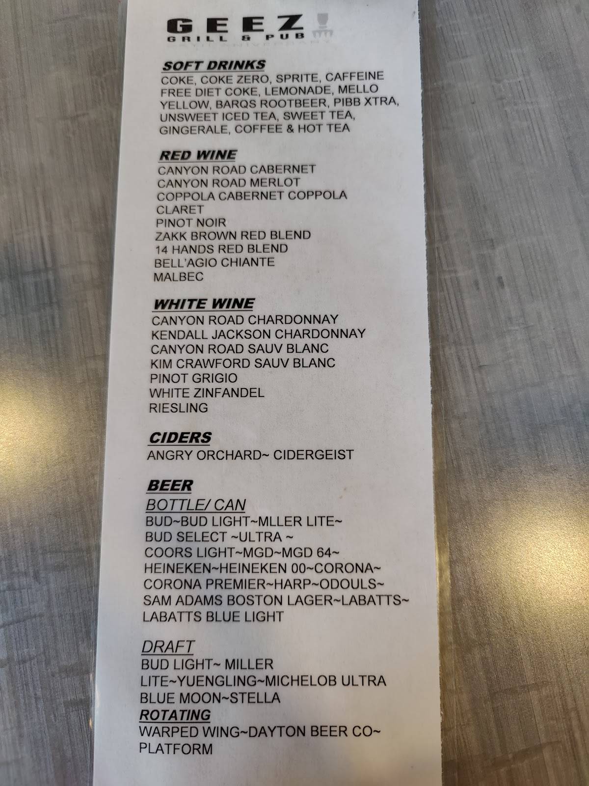 Menu at Geez Grill & Pub, Dayton