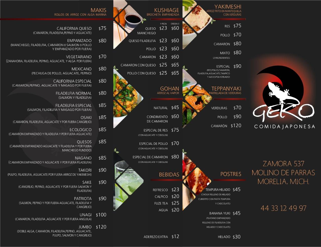 Carta del restaurante Geko Comida Japonesa, Morelia