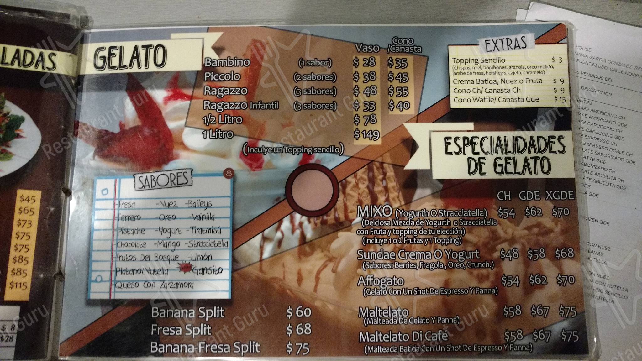 Carta del café Gelato House, Reynosa