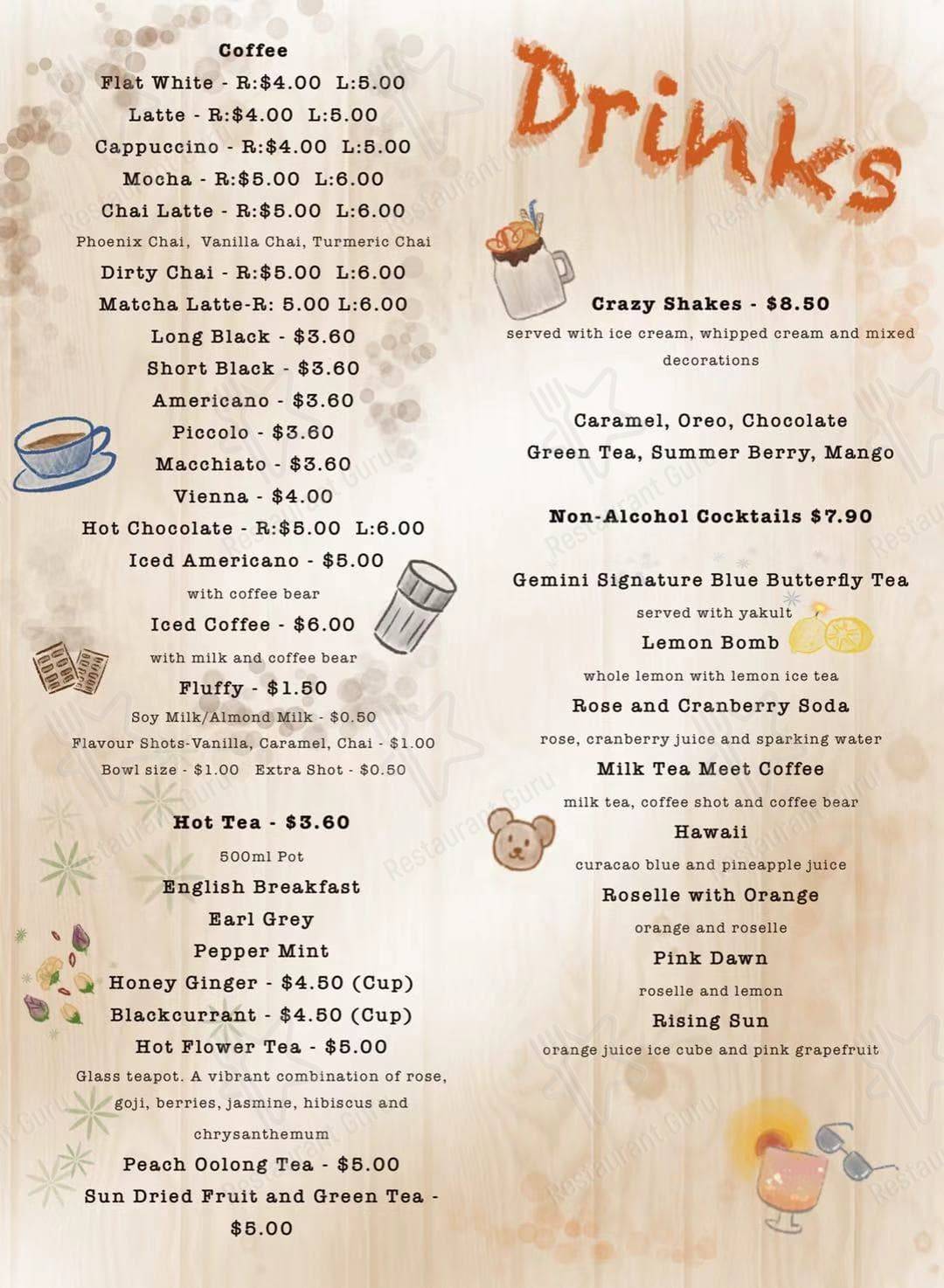Menu at Gemini Cafe & Eatery, Wellington