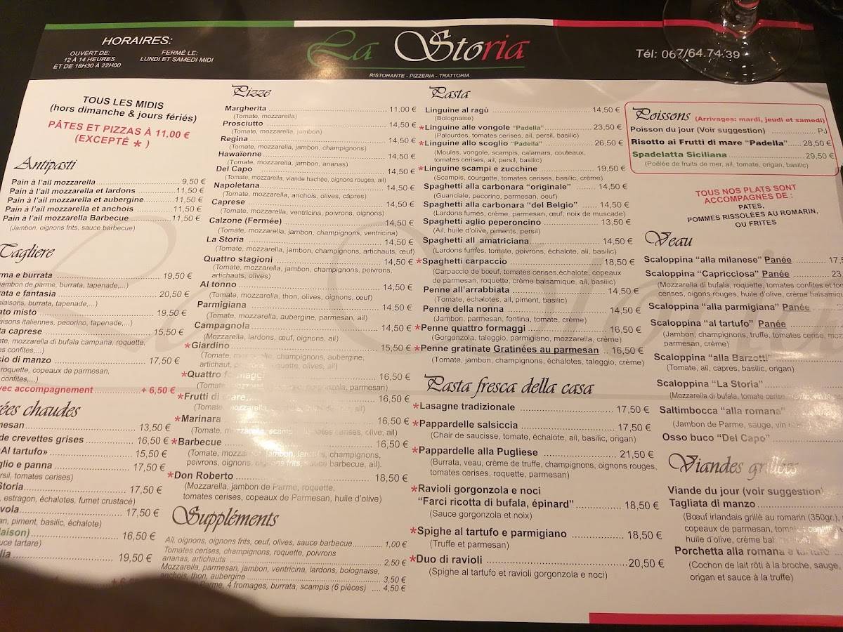 Menu au La Storia restaurant, Genappe