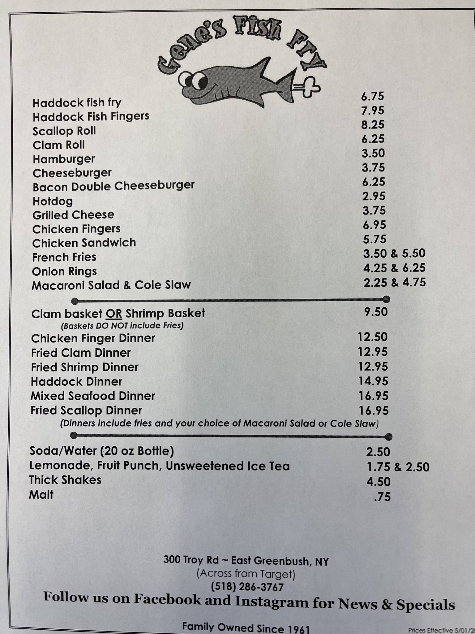 Menu at Gene's Fish Fry restaurant, Rensselaer
