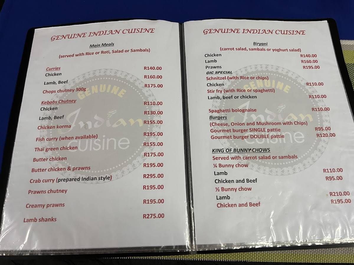 Menu at Genuine Indian Cuisine Restaurant, Margate
