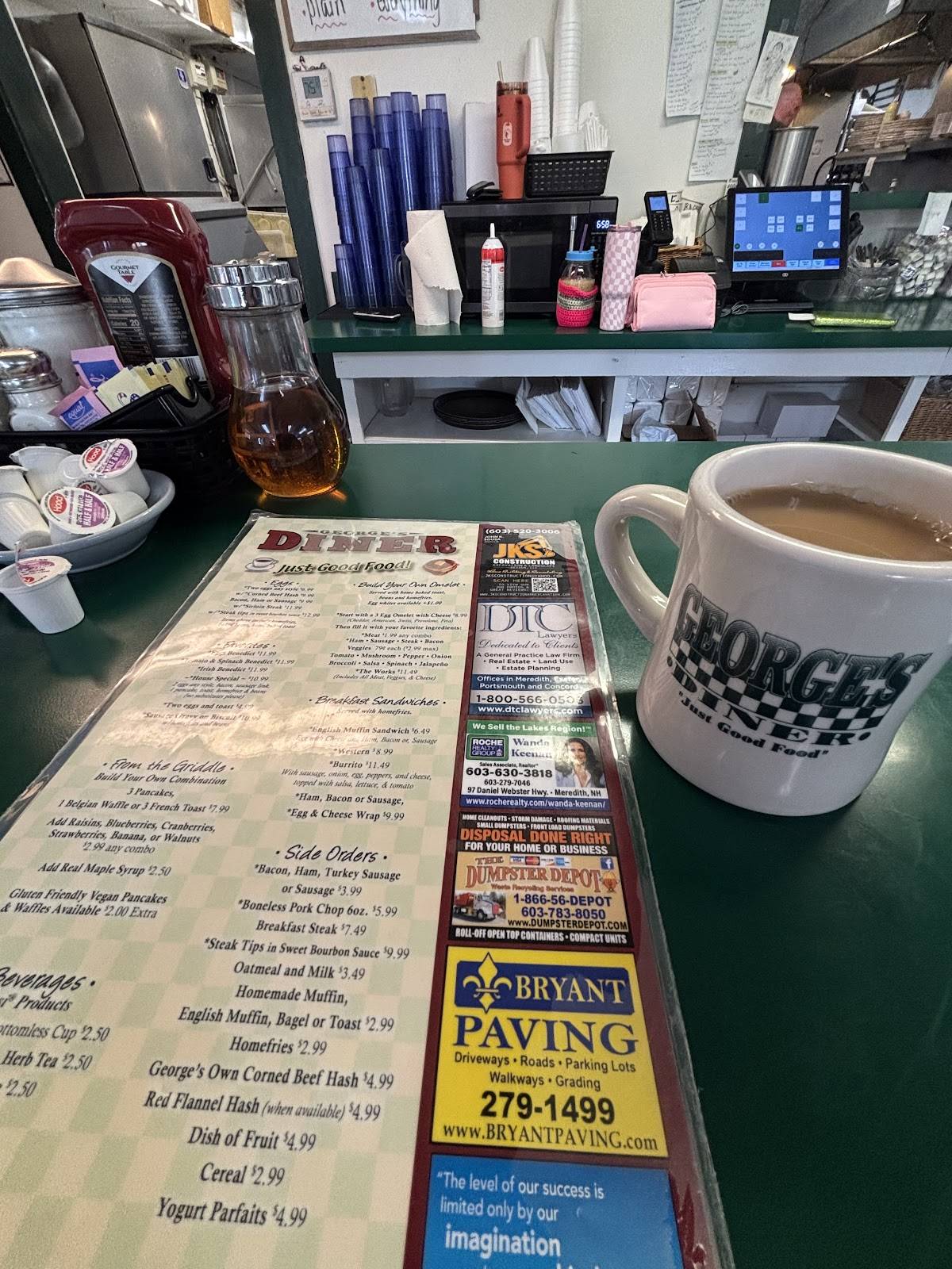 Menu at George's Diner restaurant, Meredith