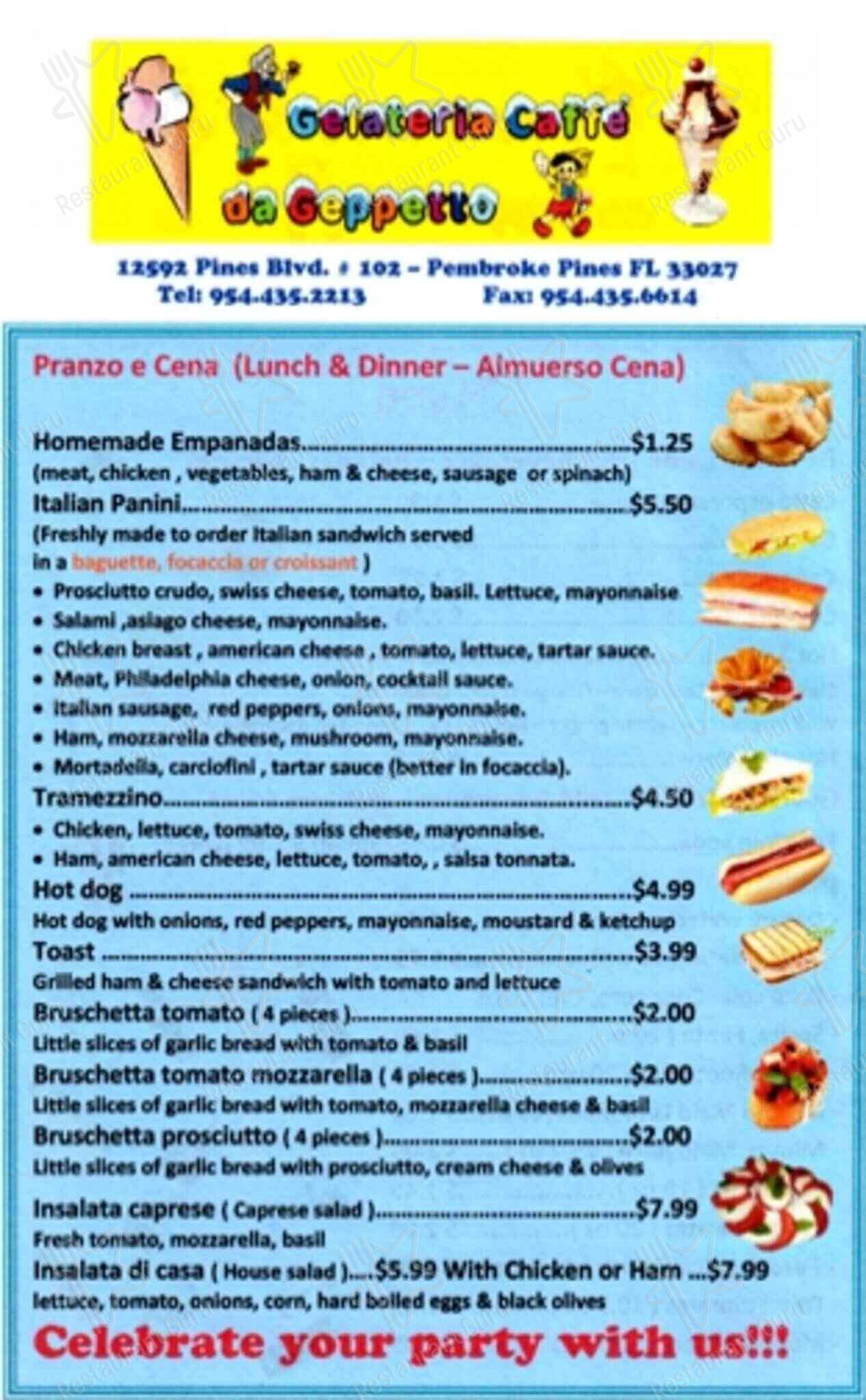 Menu at Geppetto's restaurant, Hollywood