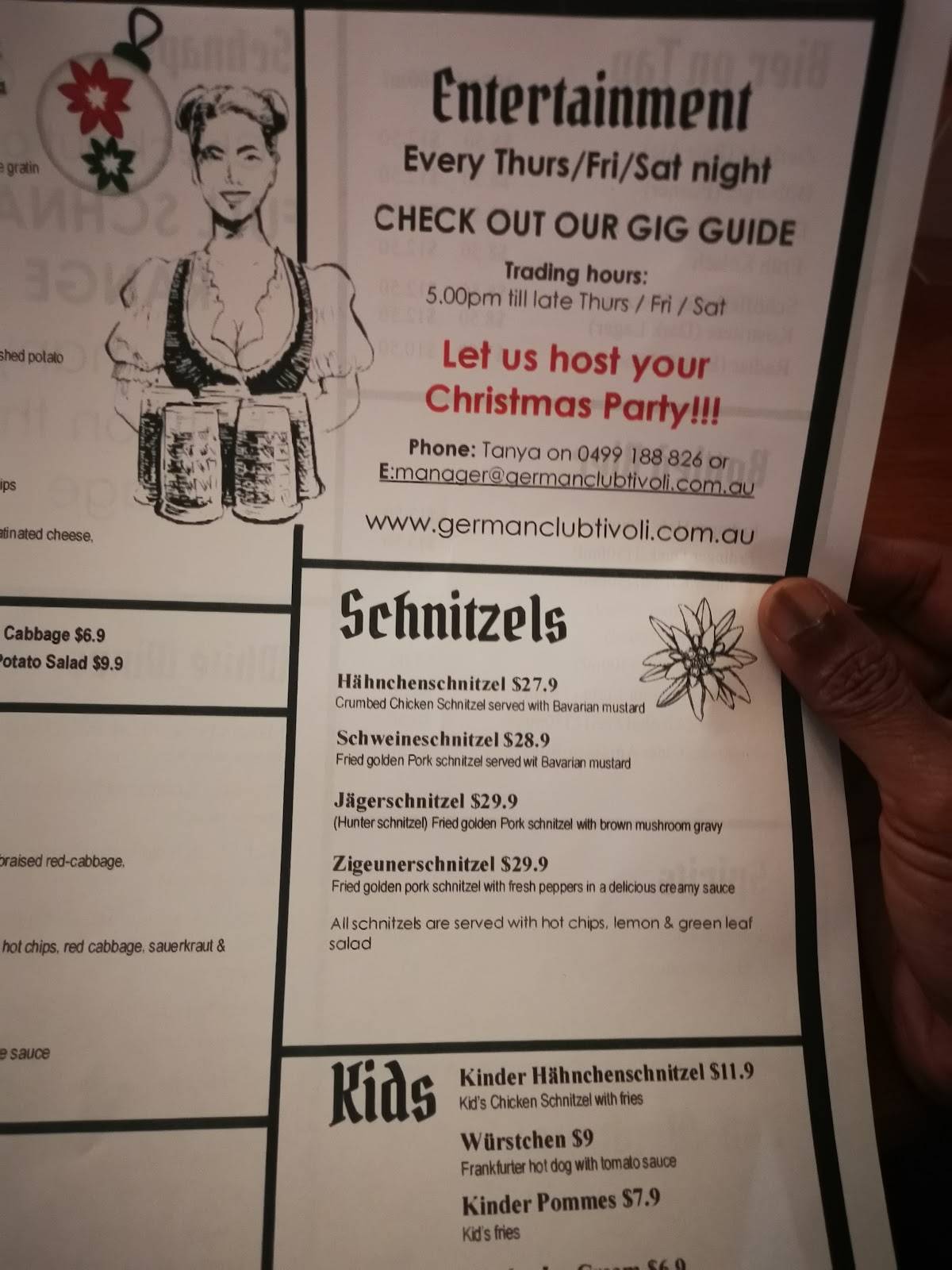 Menu at German Club Tivoli, Windsor