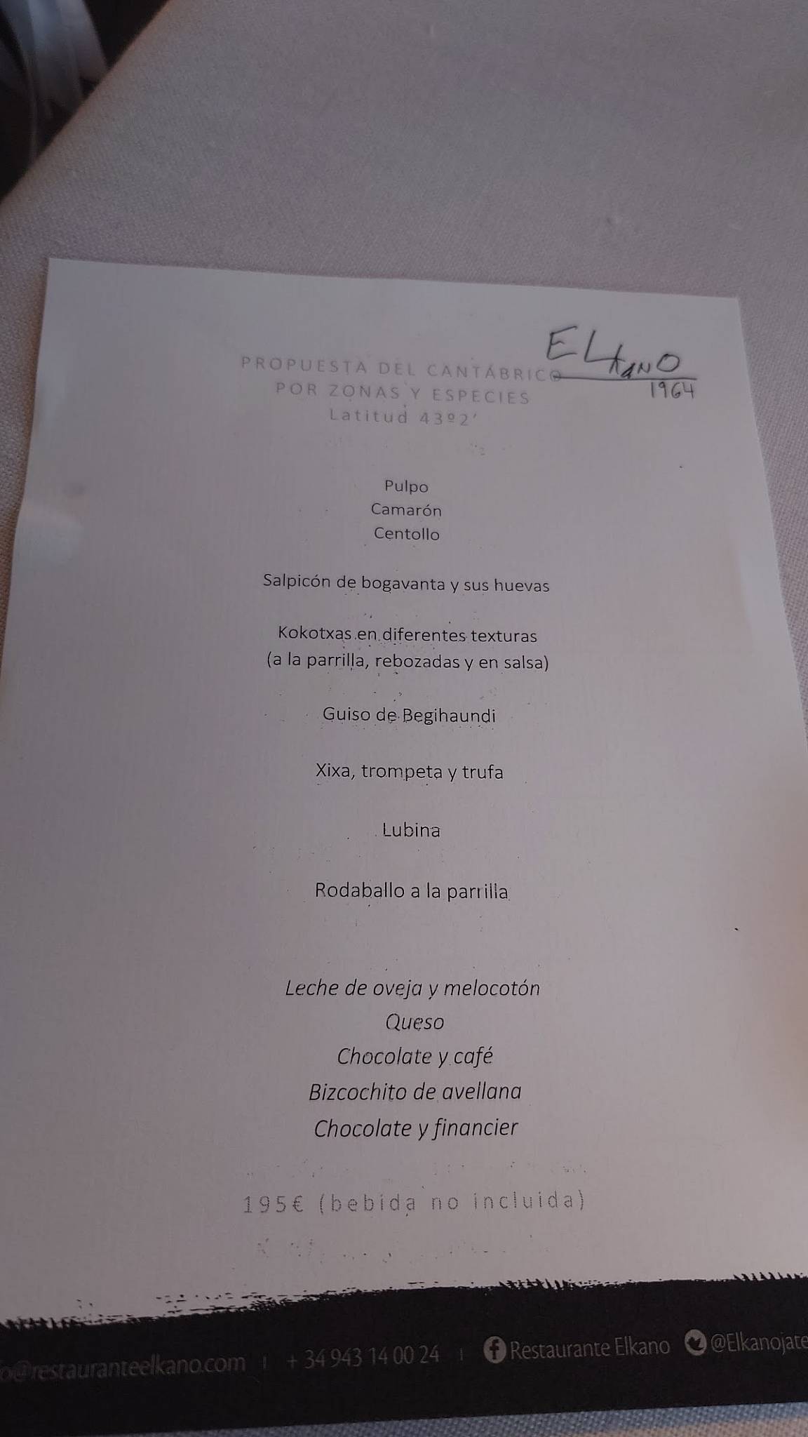 Menu at ELKANO steakhouse, Getaria, Herrerieta Kalea