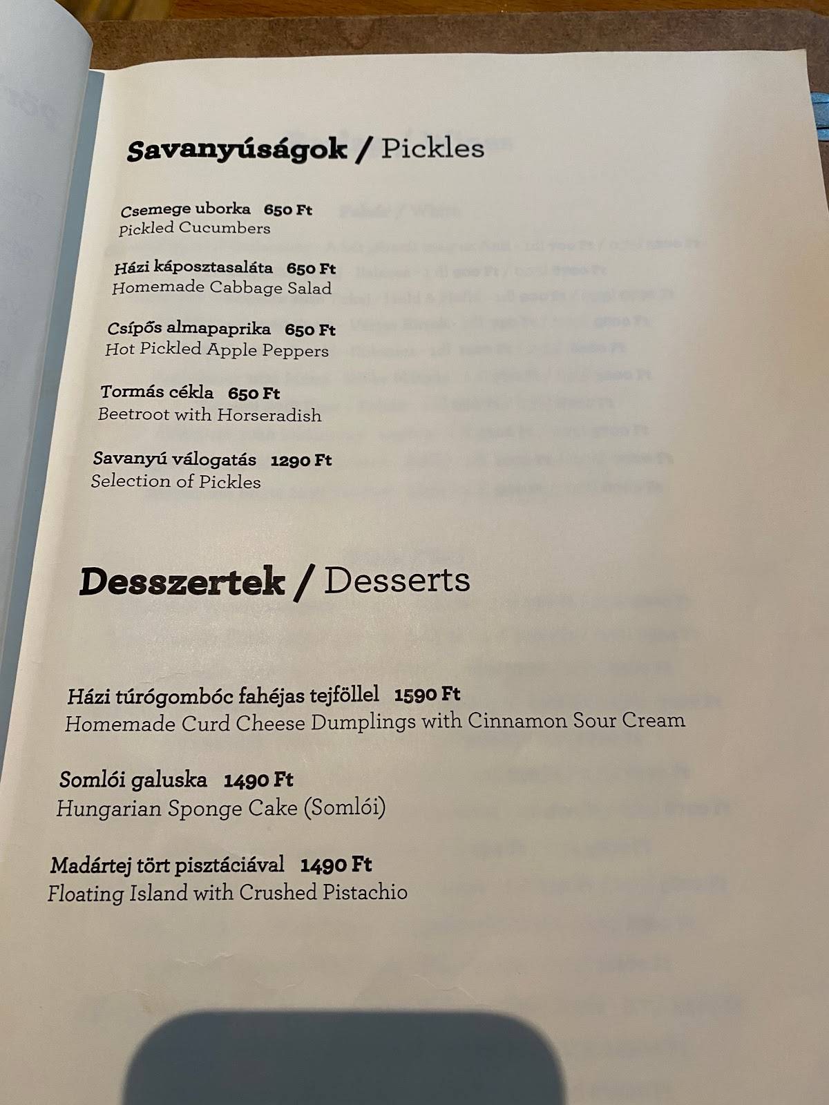 Menu at Gettó Gulyás restaurant, Budapest