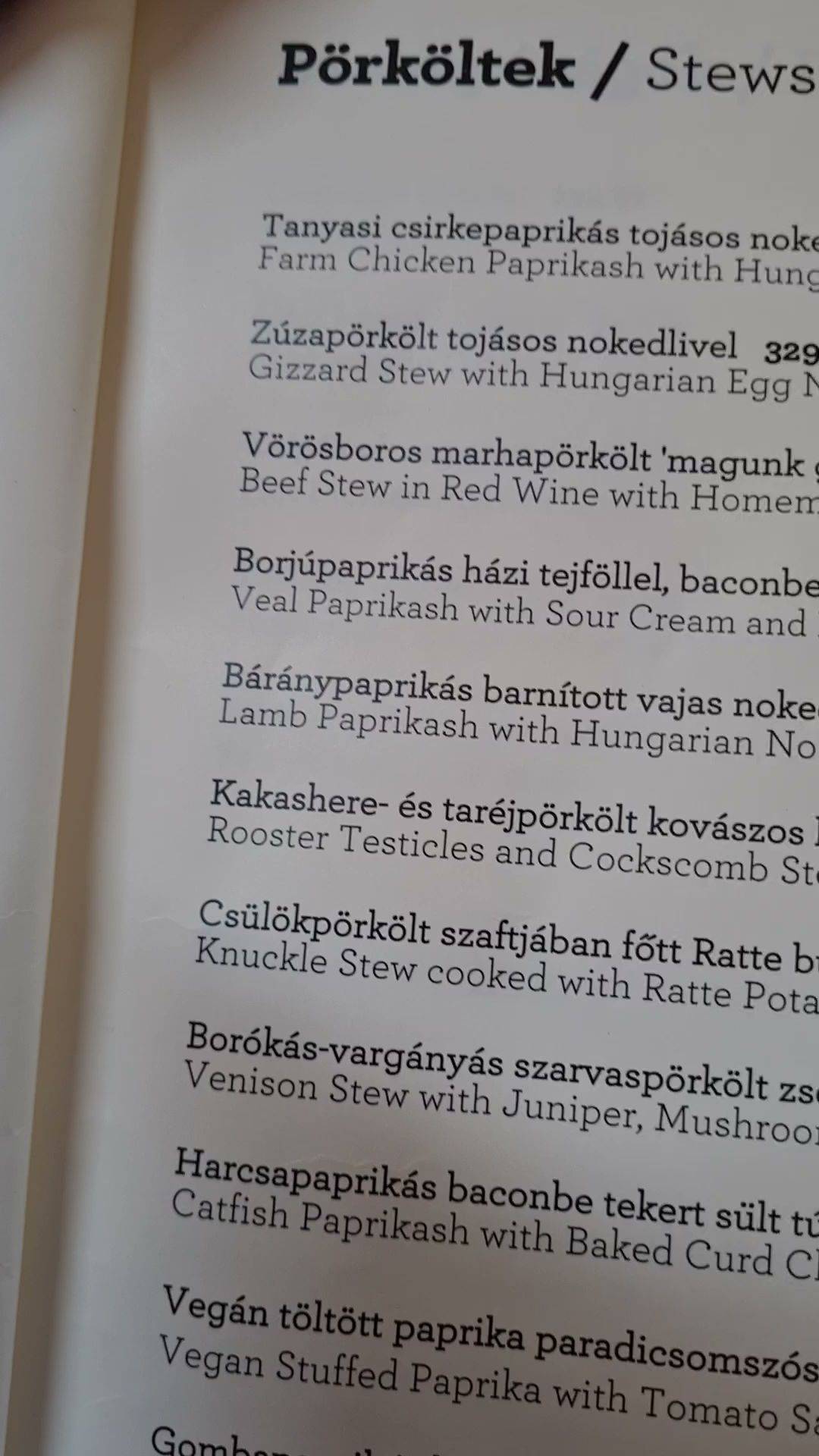 Menu at Gettó Gulyás restaurant, Budapest