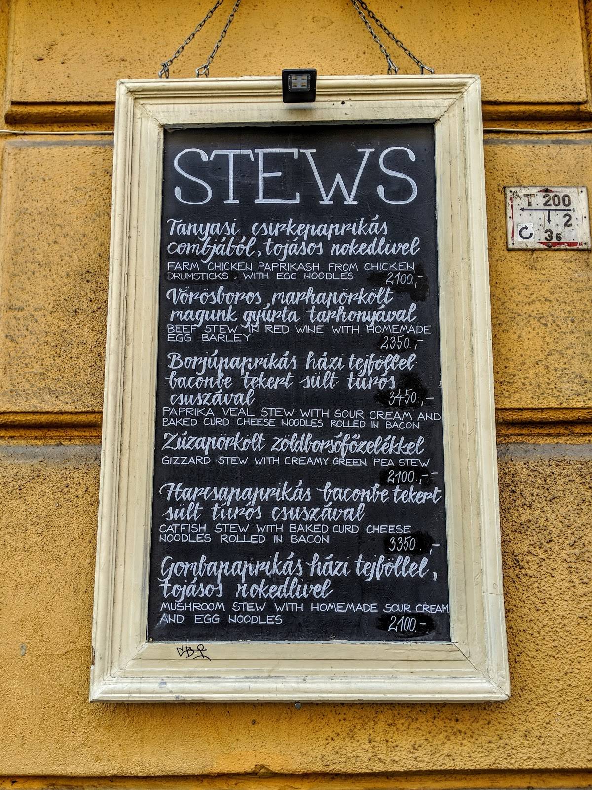 Menu at Gettó Gulyás restaurant, Budapest