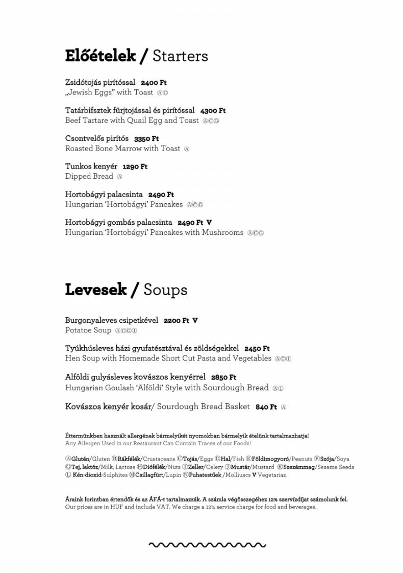 Menu at Gettó Gulyás restaurant, Budapest