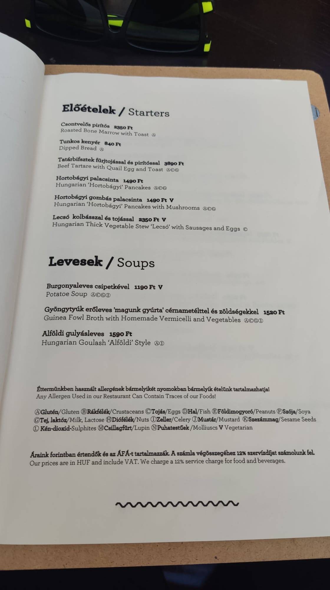 Menu at Gettó Gulyás restaurant, Budapest